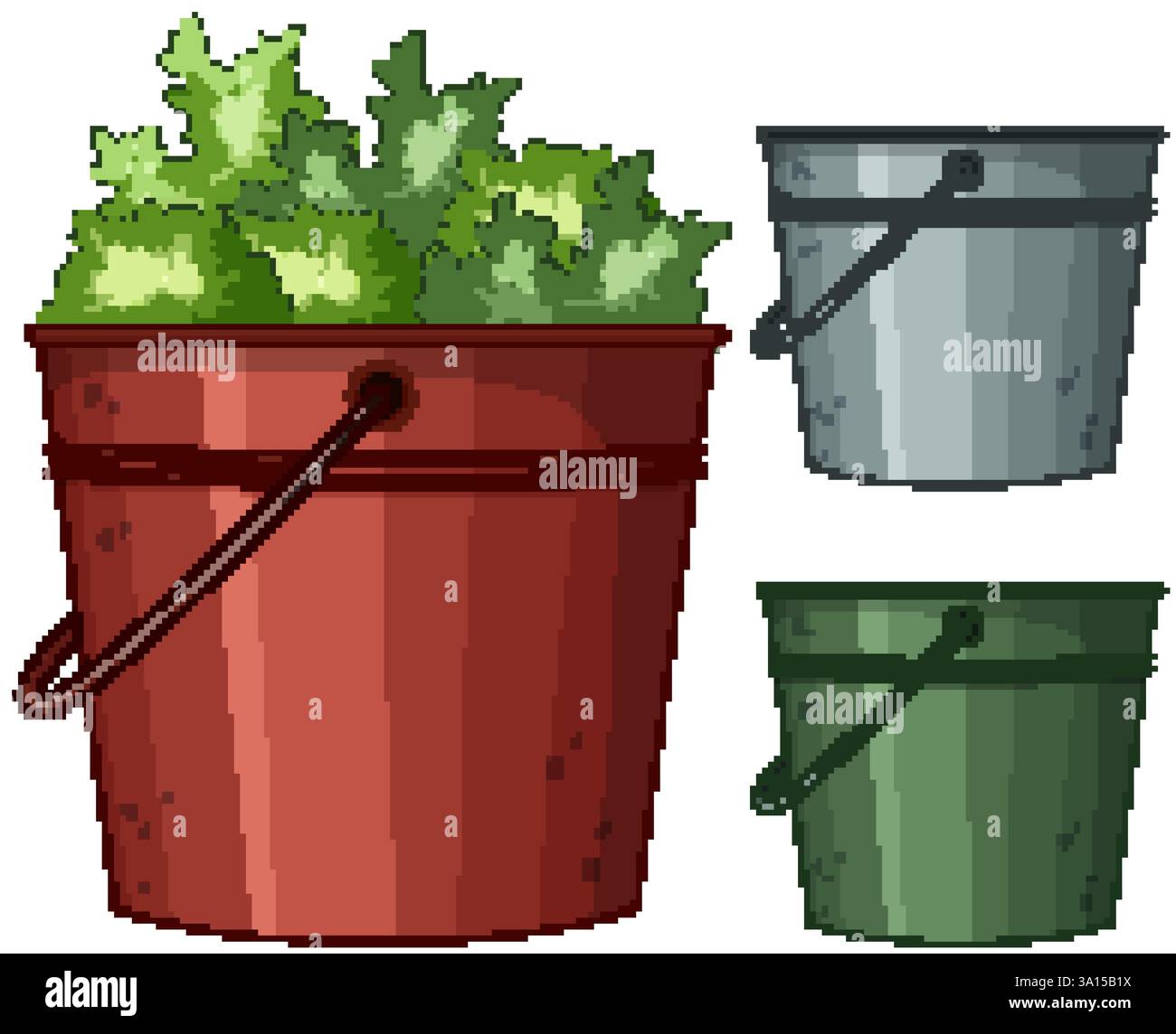 Three buckets with lush green plants inside Stock Vector Image & Art ...