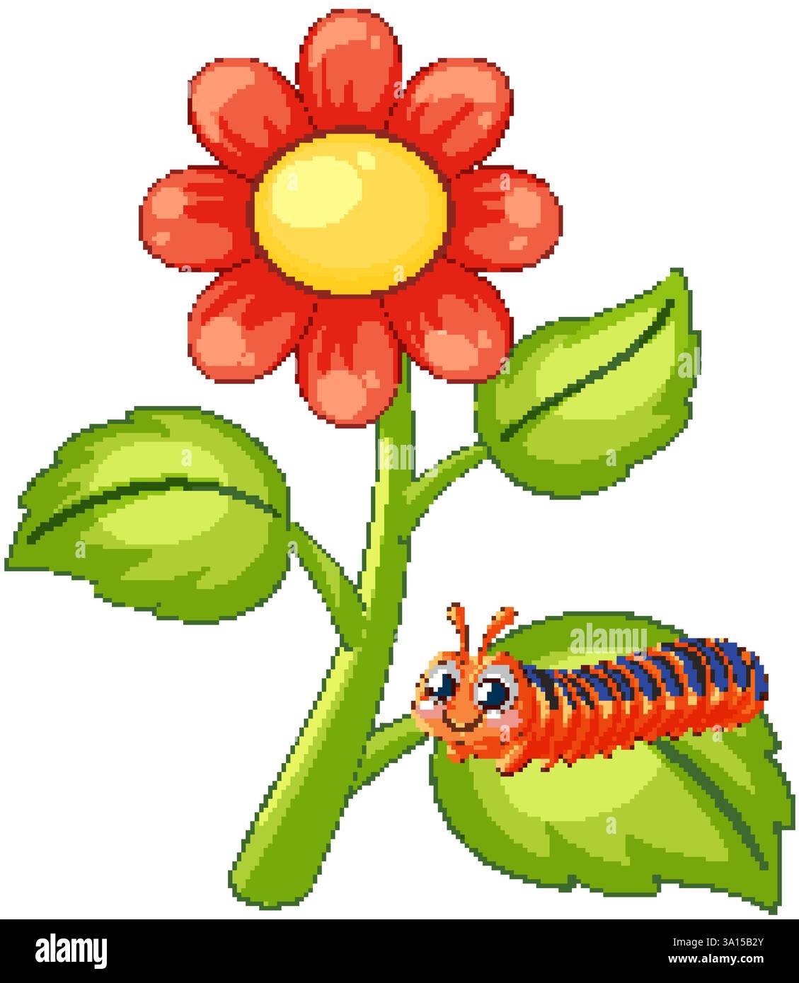 Colorful caterpillar resting on vibrant flower with green leaves ...