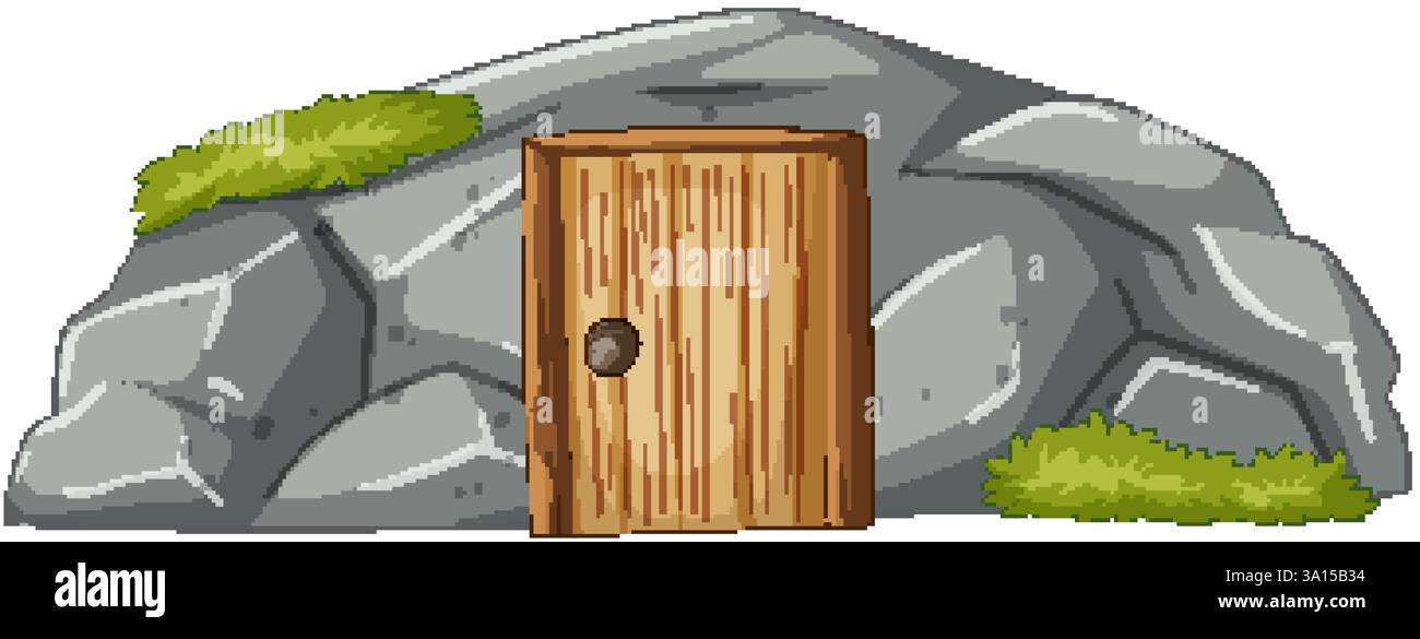 Vector illustration of a wooden door set in a rocky cave, featuring ...