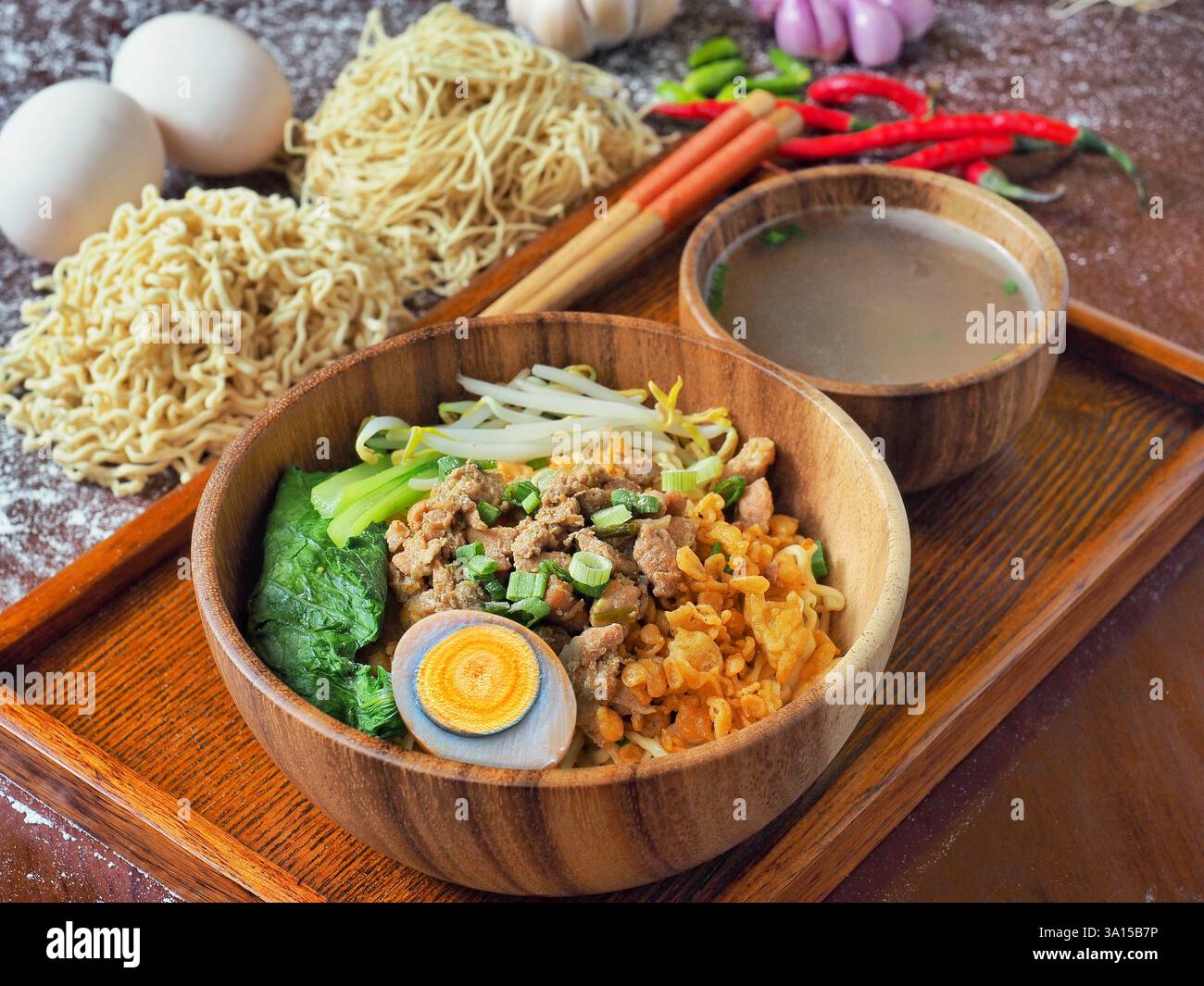 Chicken Noddle With Egg & Sauce (Homemade Stock Photo - Alamy