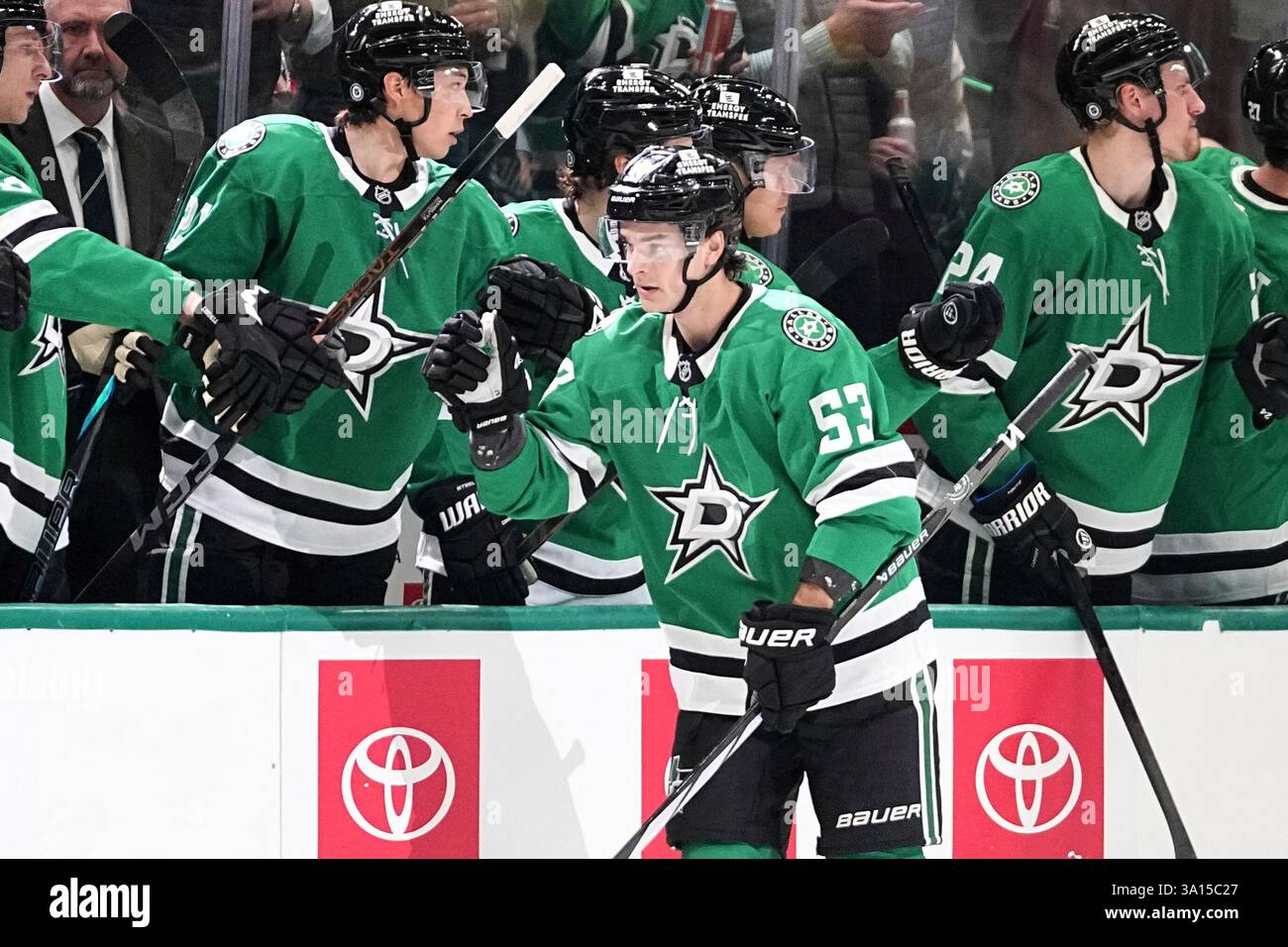 Dallas Stars center Wyatt Johnston (53) celebrates with the bench after ...