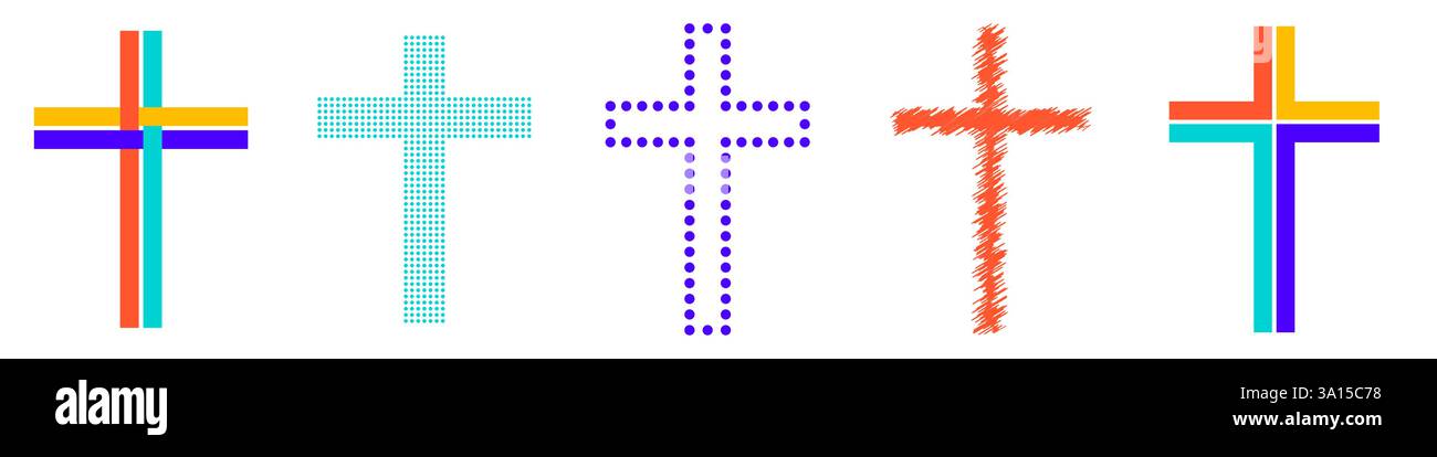 Set of Christian crosses of various designs, modern style. Crucifixion icons. Flat vector ...