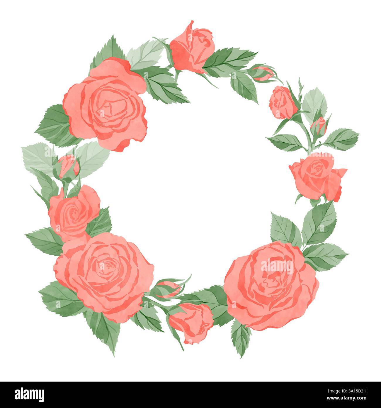 Round wreath frame with flowers, pink roses and green leaves isolated ...