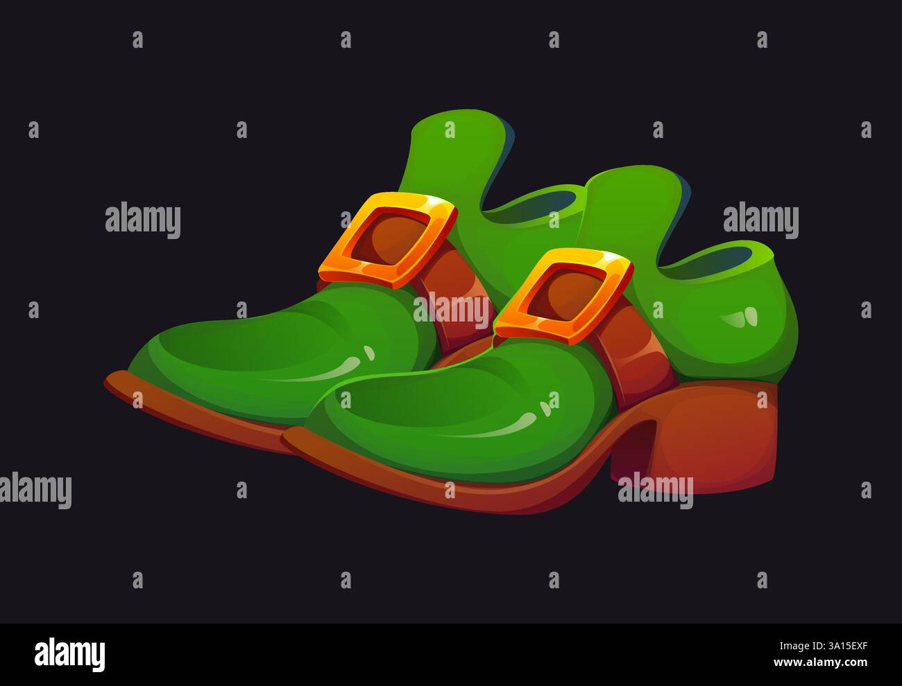 Cartoon Leprechaun shoes with gold buckles. Vector pair of green leather boots objects, symbol ...