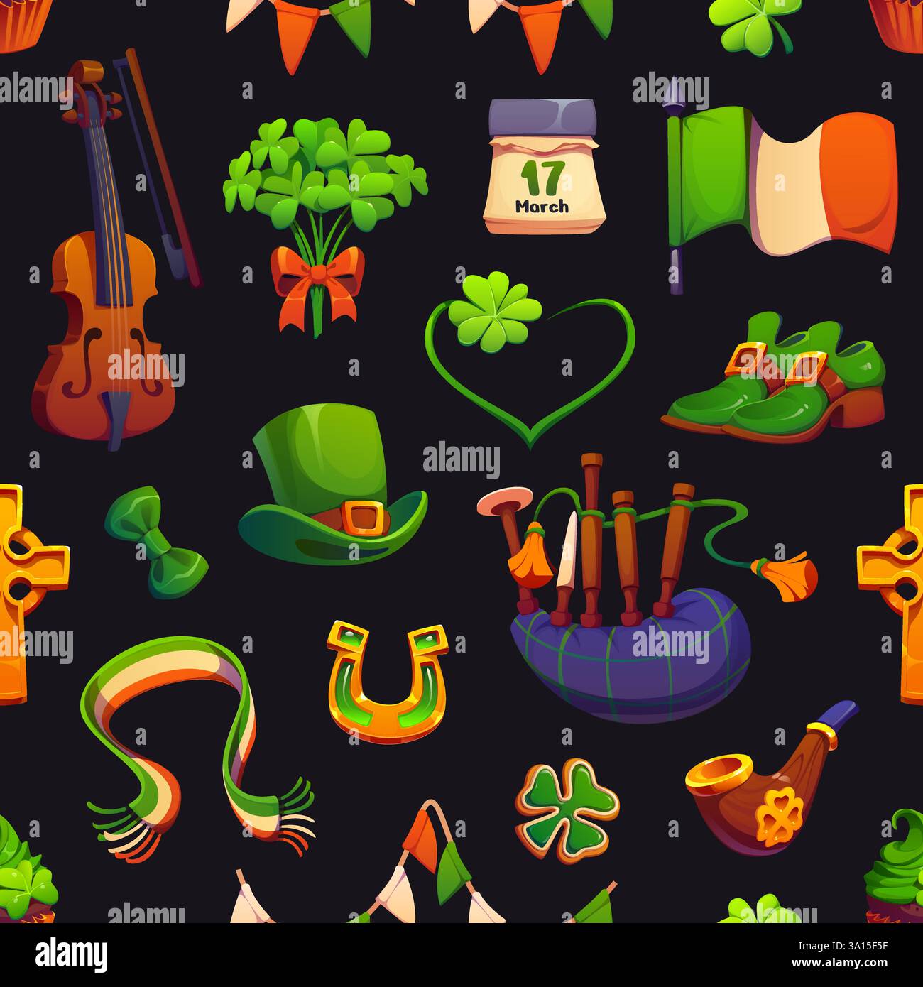 St Patrick day Irish characters pattern background for holiday, cartoon ...