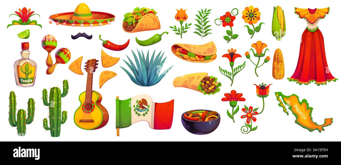 Mexican cuisine food, culture and travel objects. Cartoon tex mex ...