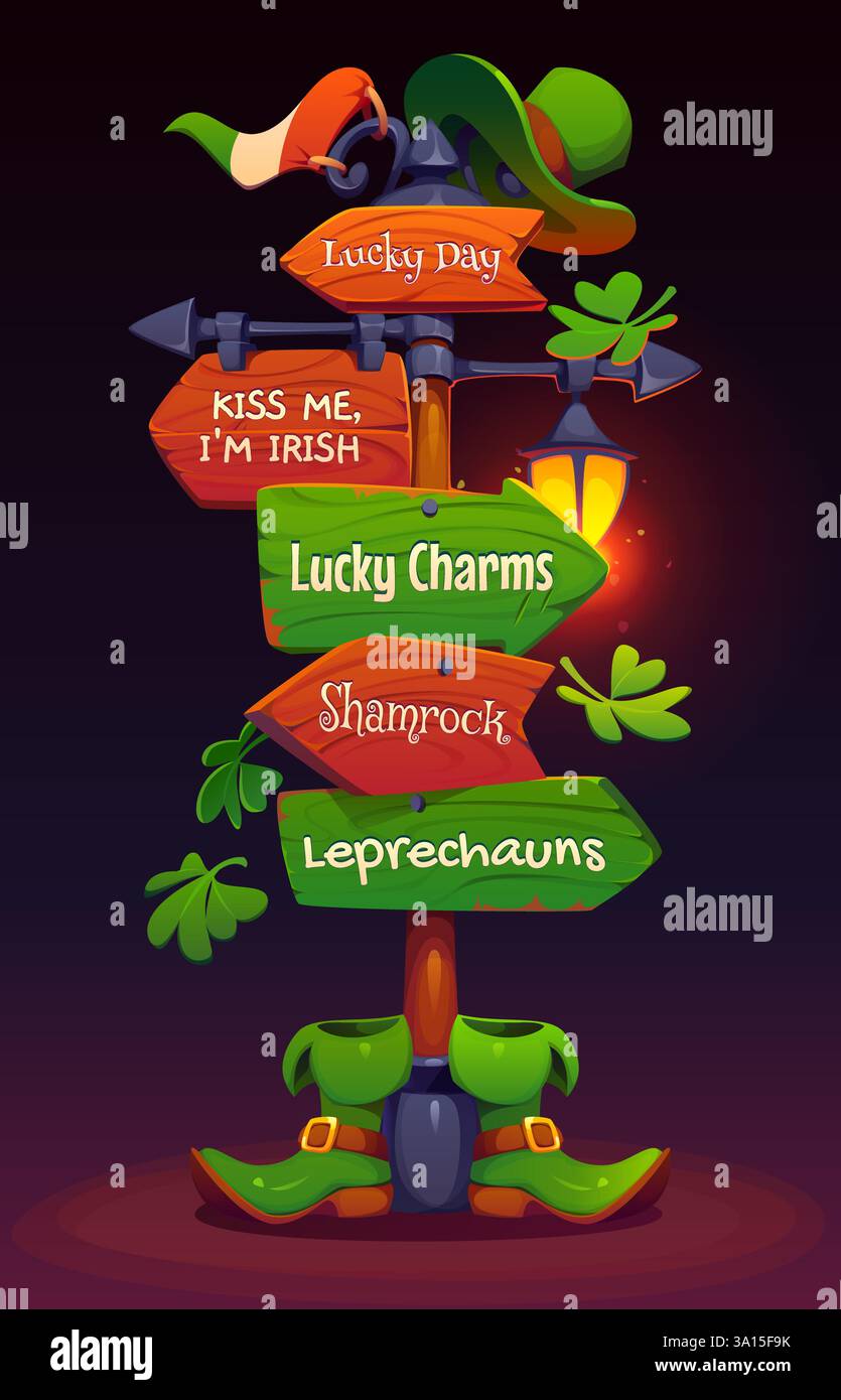 Cartoon saint Patrick day sign board, Irish holiday arrow signage with ...