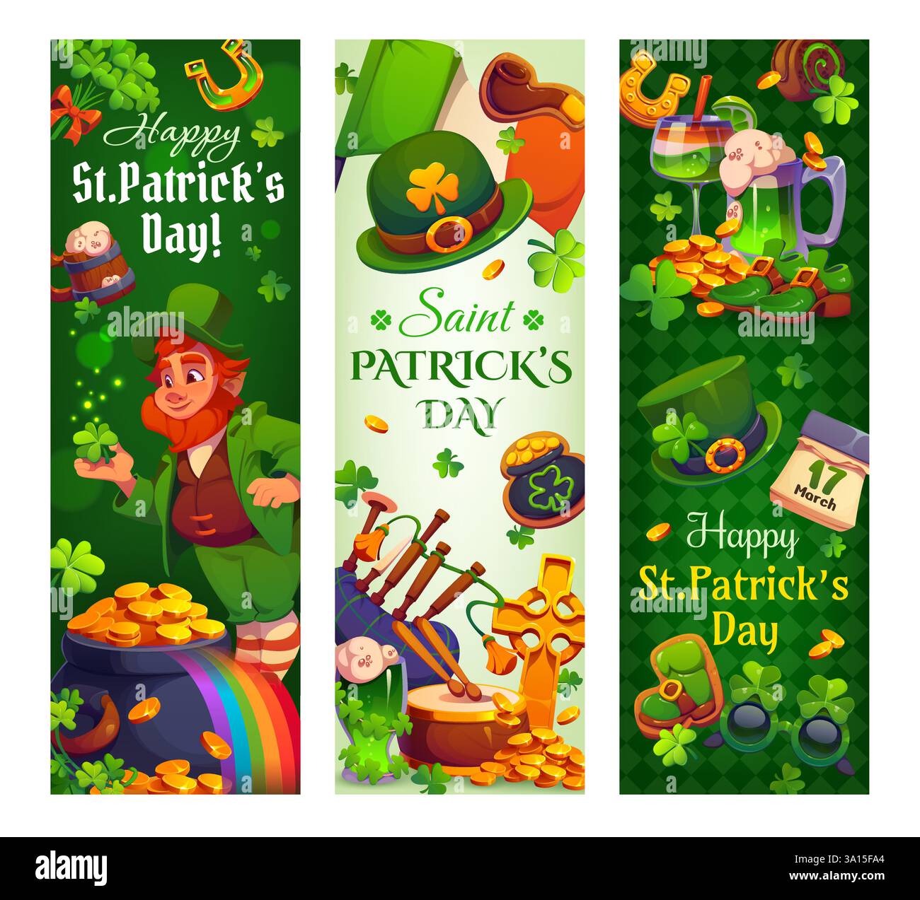 St Patrick day Irish holiday banners and greetings with leprechauns and ...