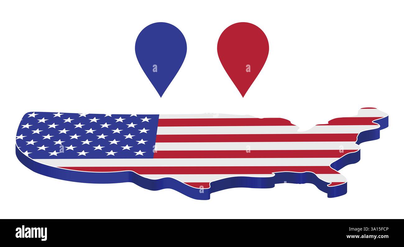A lying 3D map of the United States with blue and red place markers, a ...