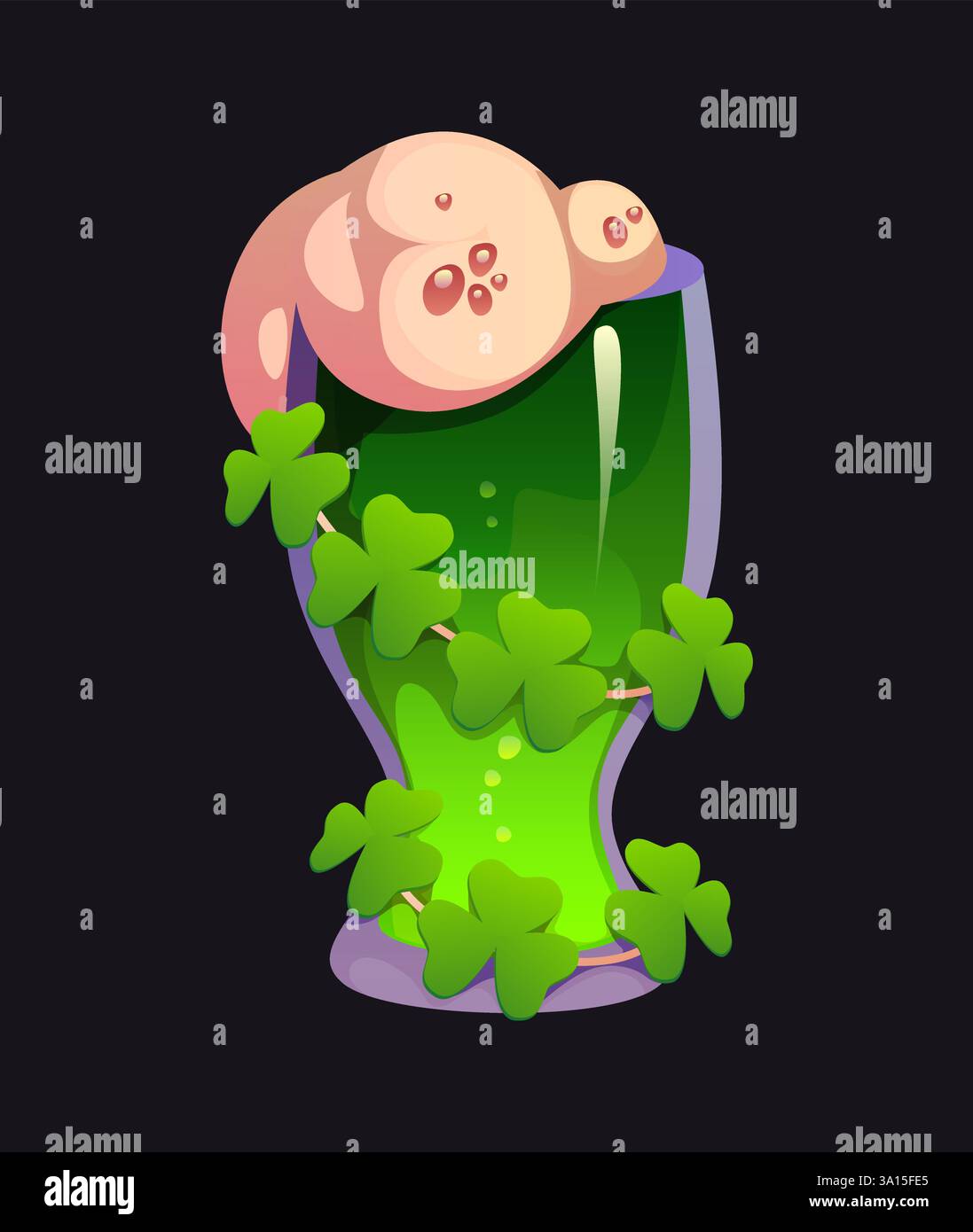Cartoon frothy glass of green beer decorated with shamrocks ...