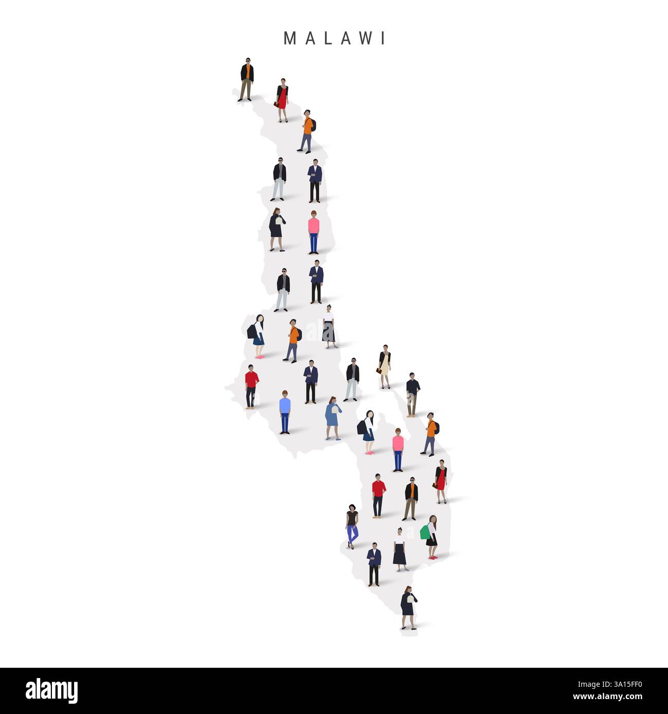 Malawi population map. Large group of realistic a diverse crowd of people figures in a shape of ...