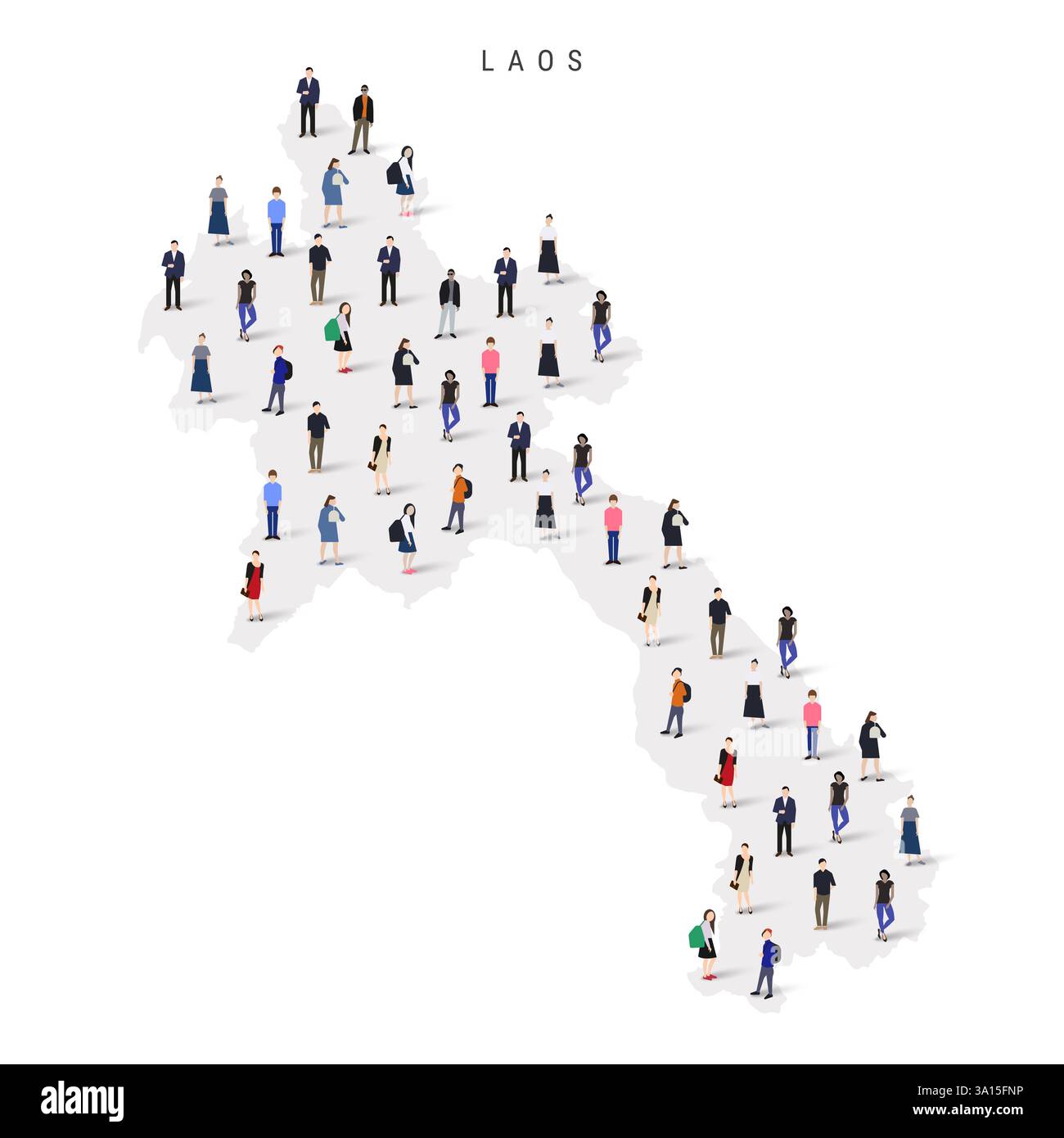 Laos population map. Large group of realistic a diverse crowd of people figures in a shape of ...
