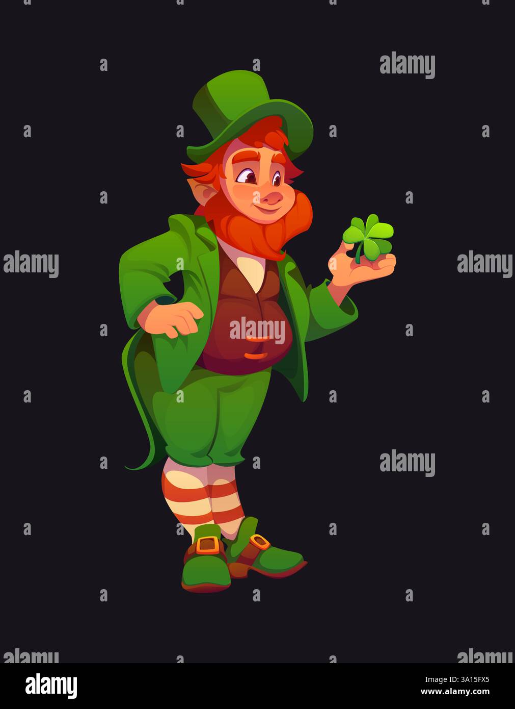 Cartoon Irish leprechaun man character in green outfit holding a ...