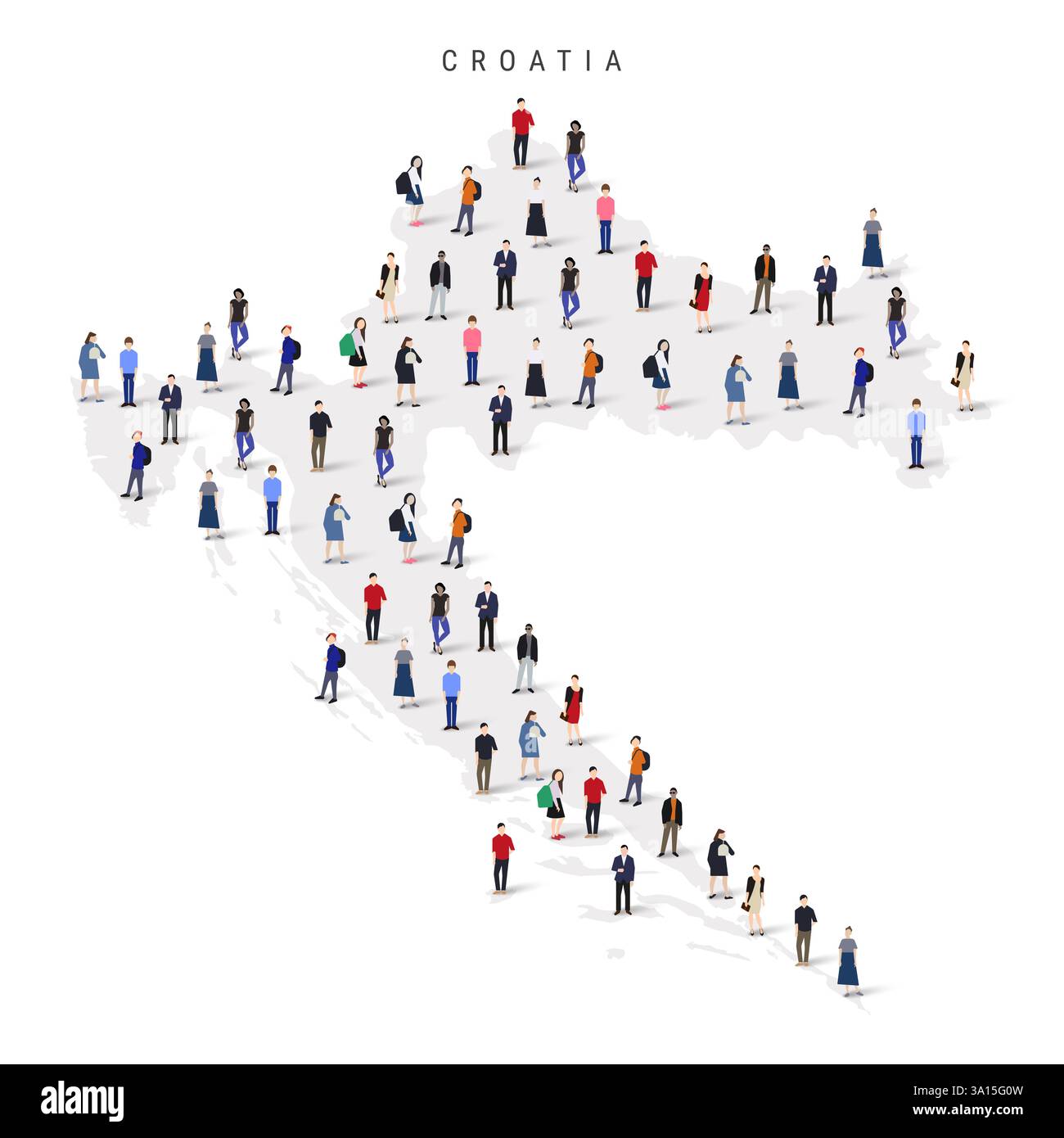 Croatia population map. Large group of realistic a diverse crowd of people figures in a shape of ...