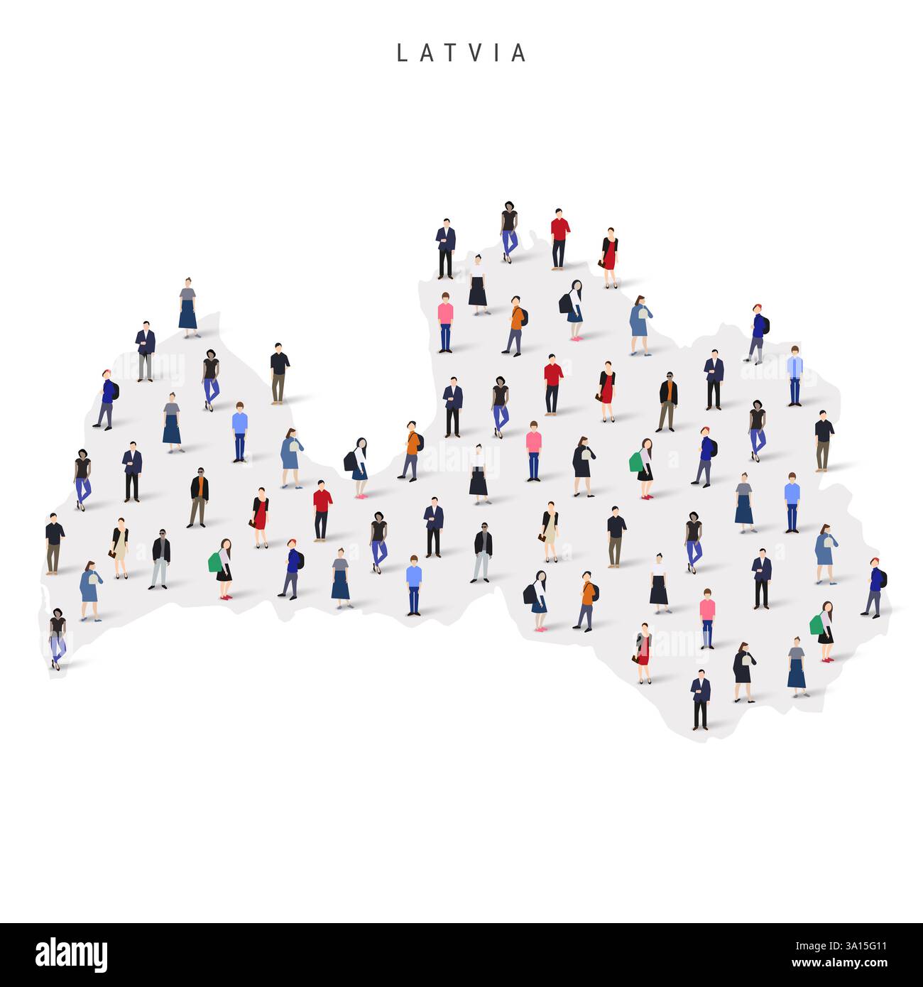 Latvia population map. Large group of realistic a diverse crowd of people figures in a shape of ...