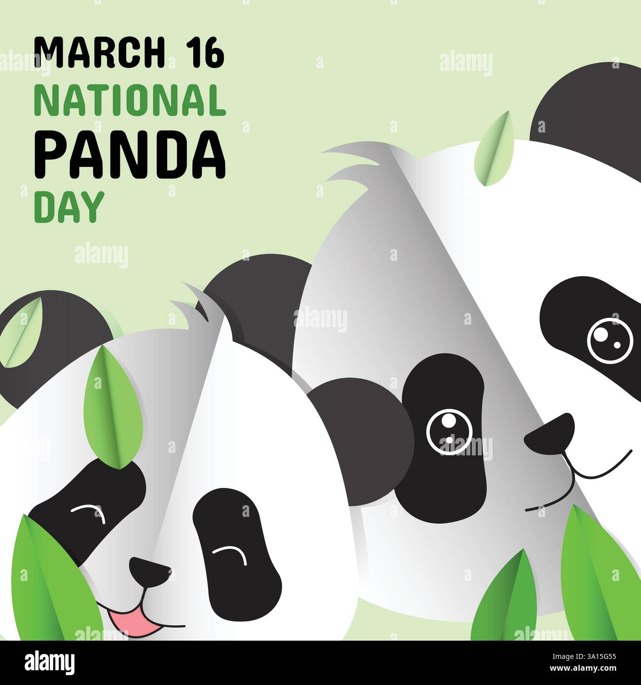 Vector illustration of pandas and bamboo leaves in folded paper style with text. March 16 ...