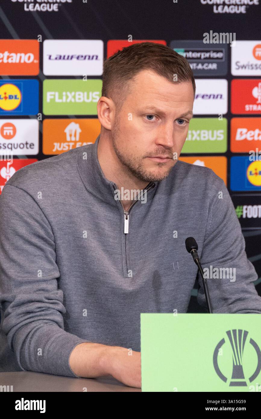 Copenhagen's coach Jacob Neestrup speaks to the media in post-match ...