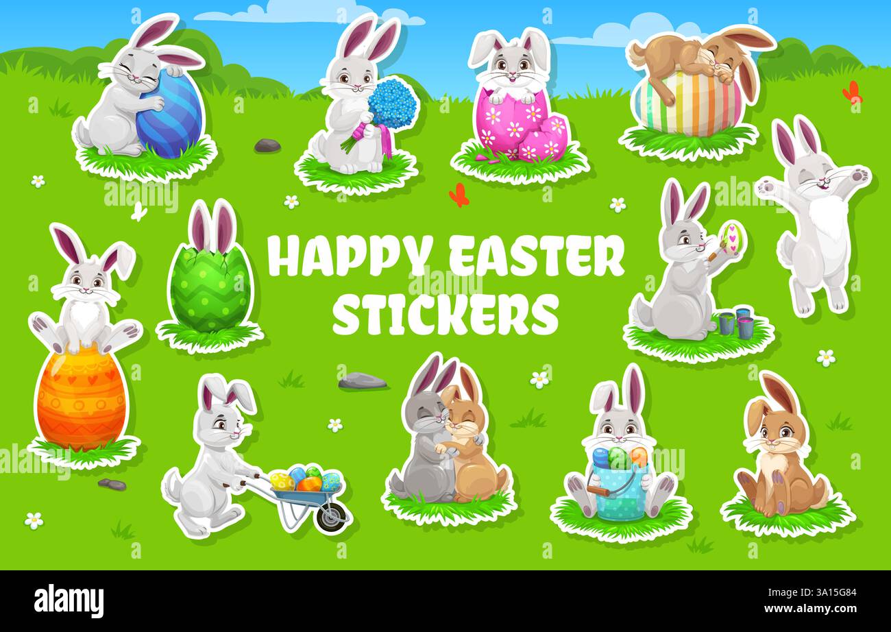 Easter bunny characters stickers pack at spring flower field vector ...