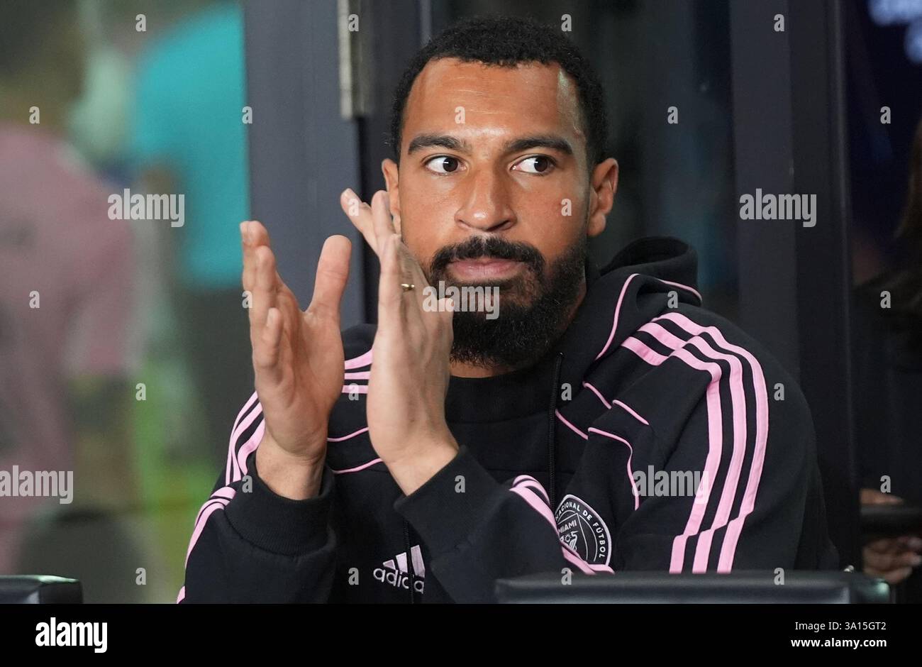Inter Miami goalkeeper Drake Callender watches from the sideline as the ...
