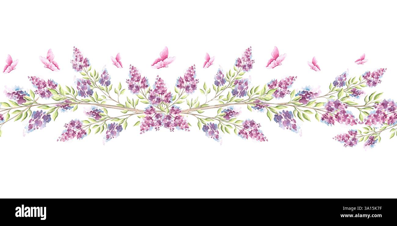 Lilac flowers sprigs with green leaves and butterflies. Seamless border ...