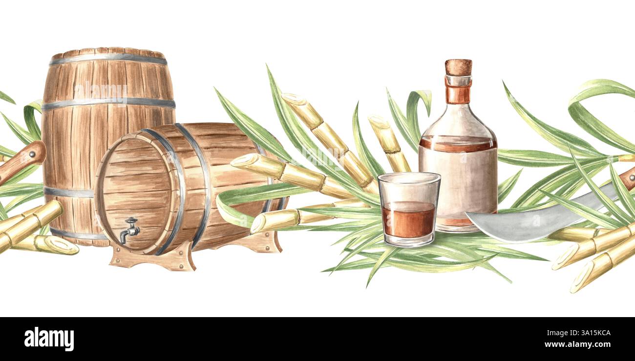 Barrels, bottle and glass of rum. Shugar cane stalks and leaves ...