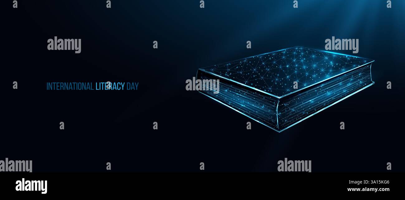 International Literacy Day concept. with glowing low poly book on dark ...