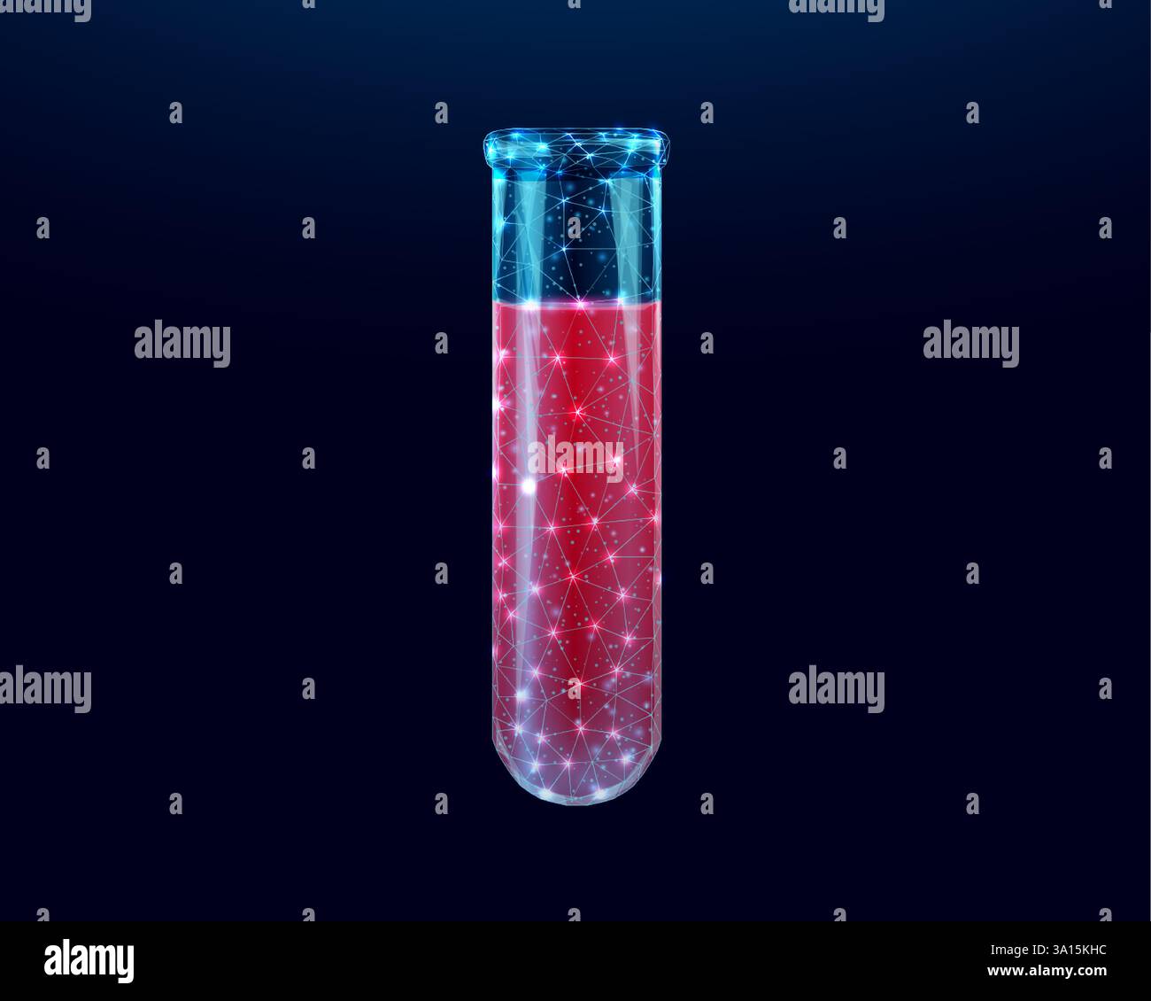 Test tube, glowing blue lowpoly wireframe glass flask on a dark ...