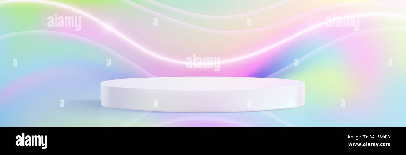 Hologram 3d stage with white circular platform on iridescent background ...