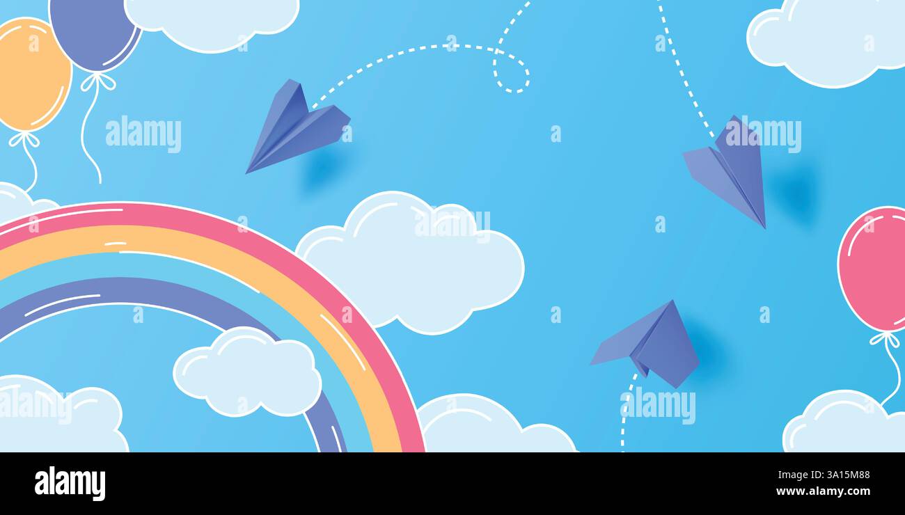 Paper planes on blue sky background. Vector realistic illustration of ...
