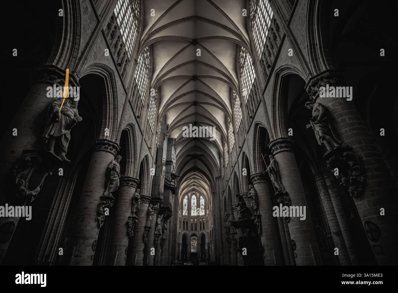 Brussels Cathedral Nave with Dramatic Lighting and Statues - Belgium ...