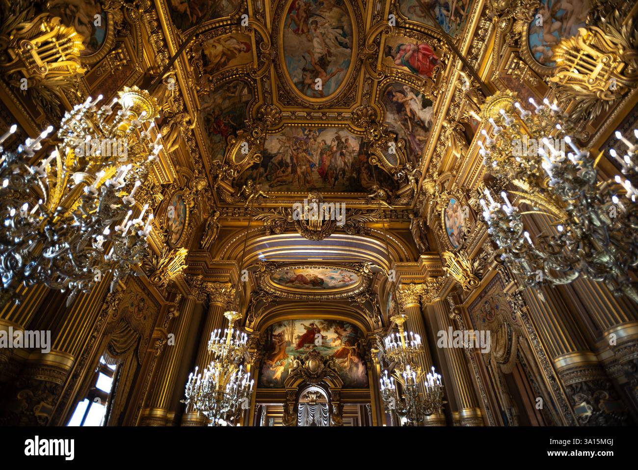 Opulent Ceiling Frescoes and Chandeliers of Opéra Garnier’s Grand Foyer ...