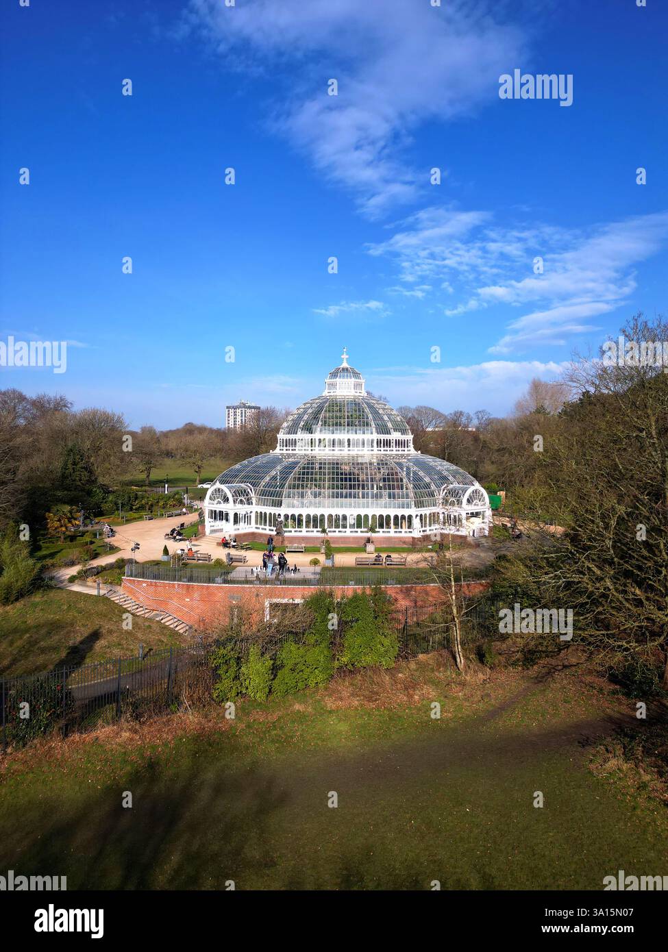 Aerial view of Sefton Park Palm House, a Victorian glass conservatory ...