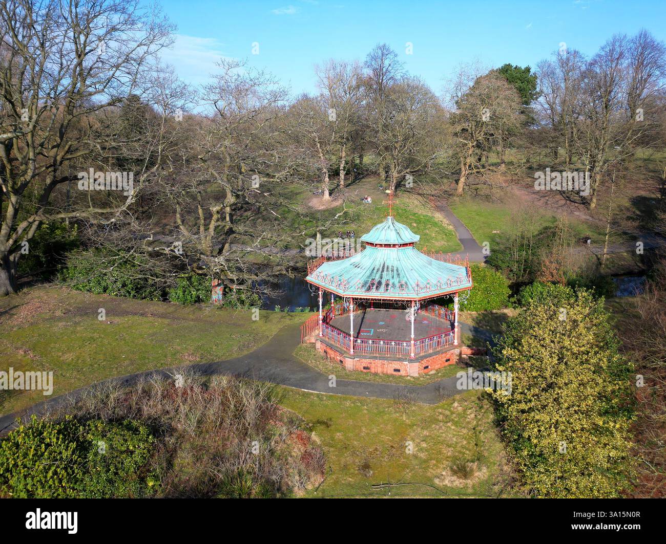 Aerial view of Sefton Park Bandstand in Liverpool, a historic Victorian ...