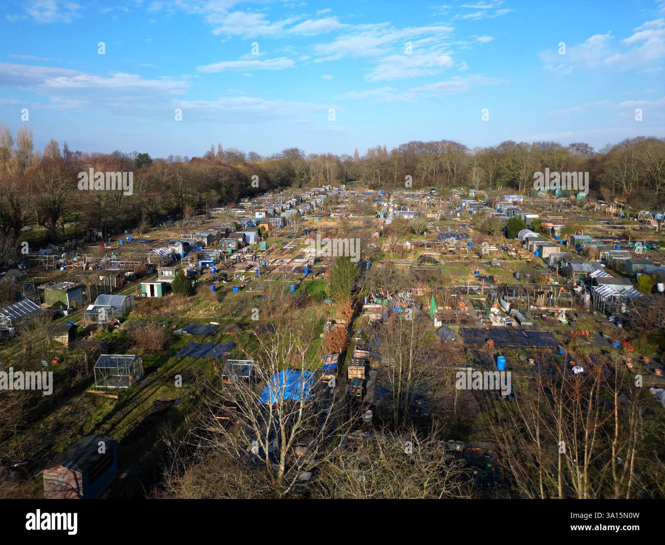 Aerial view of a large allotment site with sheds, greenhouses, and ...