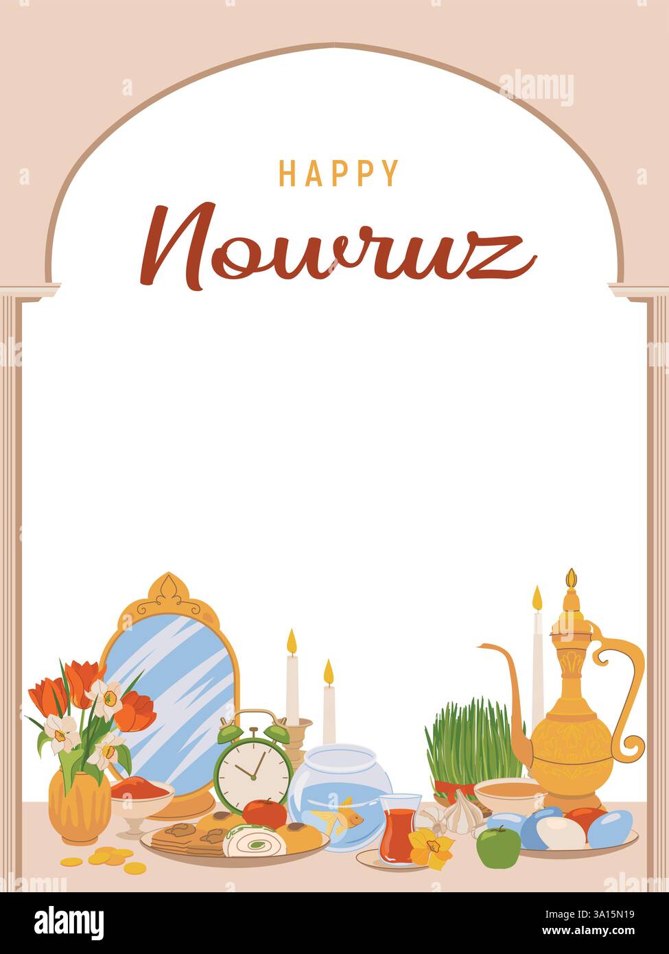 Happy Nowruz Day or Iranian New Year. Illustration with attributes of a ...