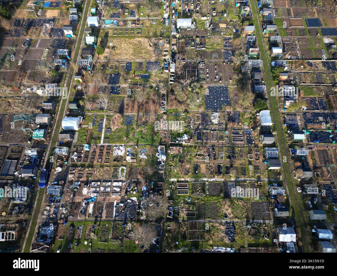 Aerial view of a large allotment site with sheds, greenhouses, and ...