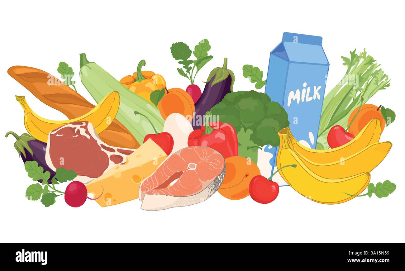 Healthy food vector in flat style. Supermarket products - milk, baguette, meat, fish, vegetables ...