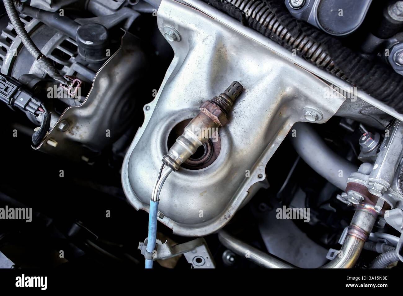 Oxygen sensor or O2 sensor of car engine on catalytic converter ...