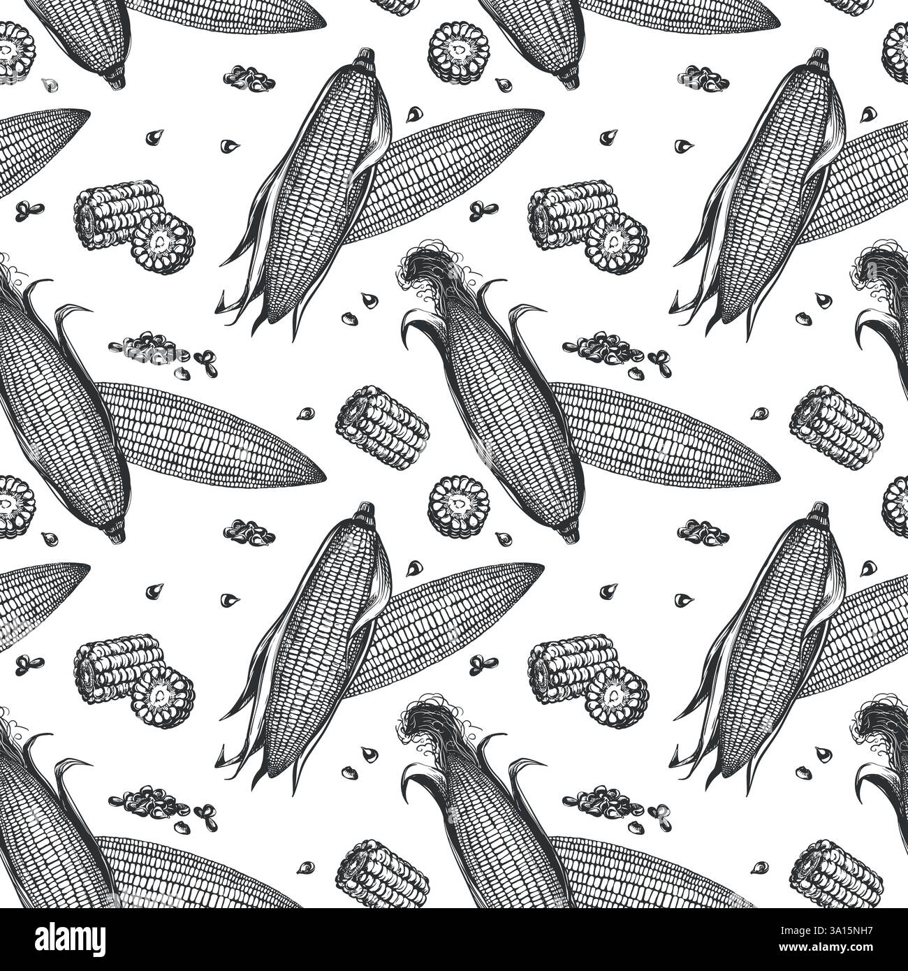 Corn vector seamless pattern. Background with linear sketch of whole ...