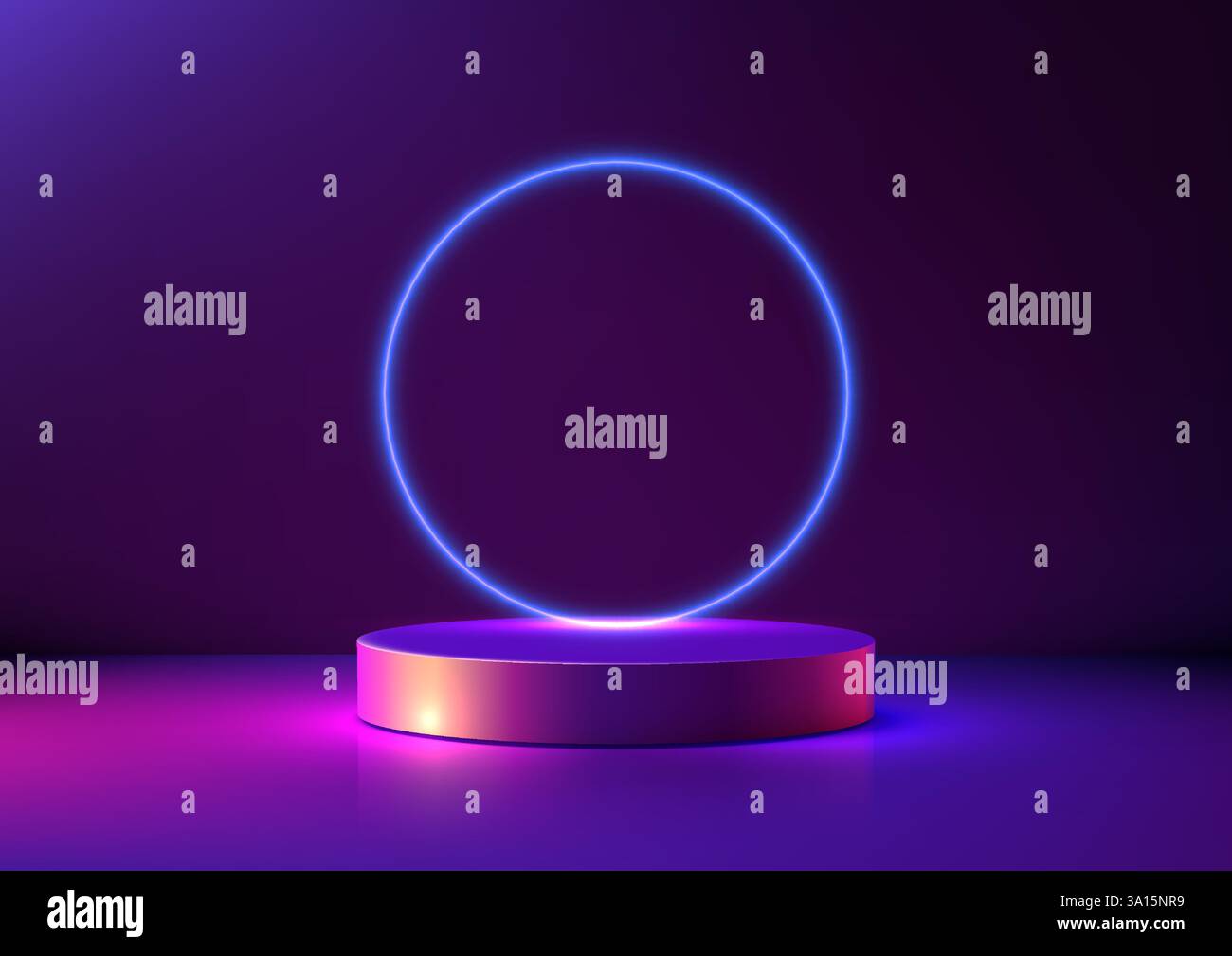 glowing blue neon circle on a 3d podium against a dark purple background, technology concepts ...