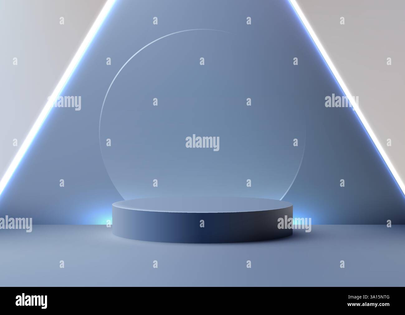 modern 3d blue podium stand framed by glowing lights and a translucent ...