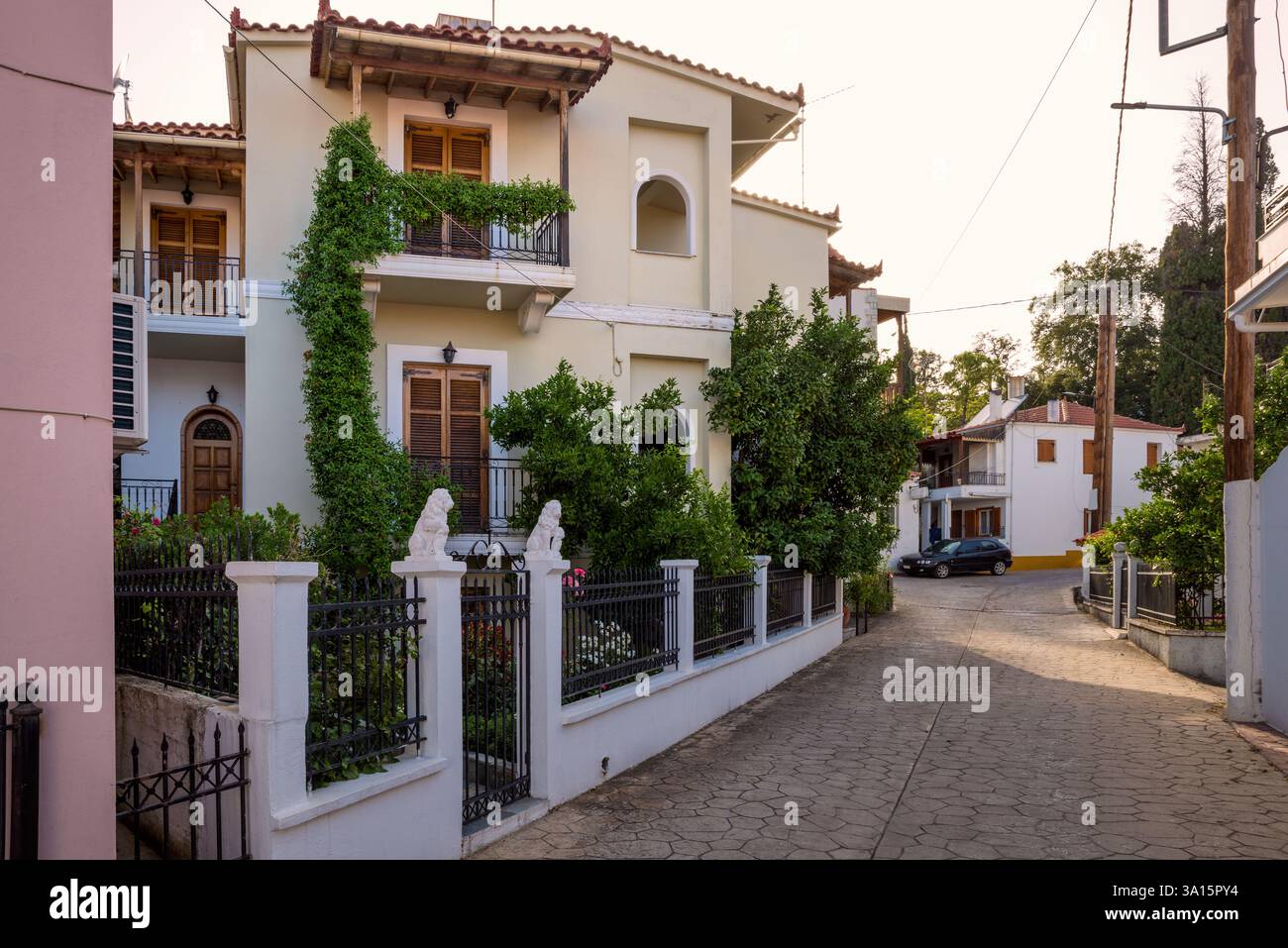 Street and architecture in the pretty Agia Anna village, North Evia ...