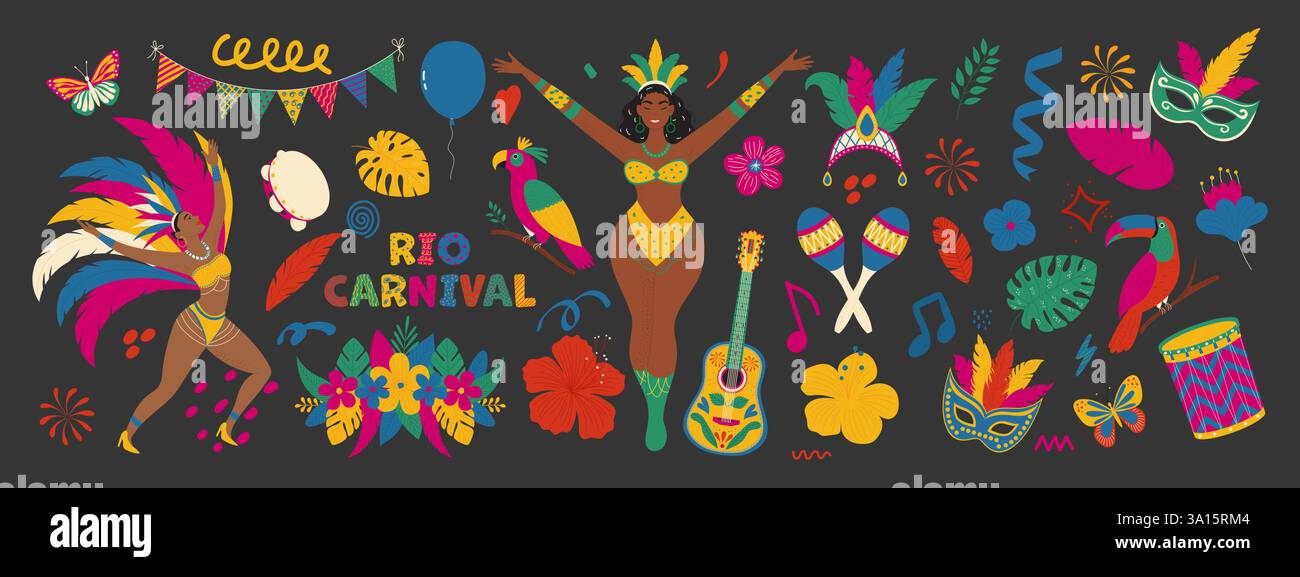 Traditional Brazil carnival symbols set. Masks, exotic bird, dancing ...