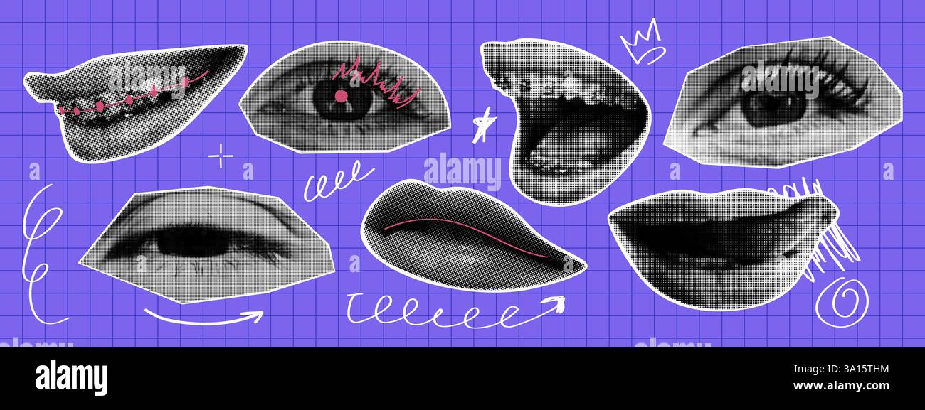 Trendy halftone collage eyes and lips with doodle elements. Dotted pop ...