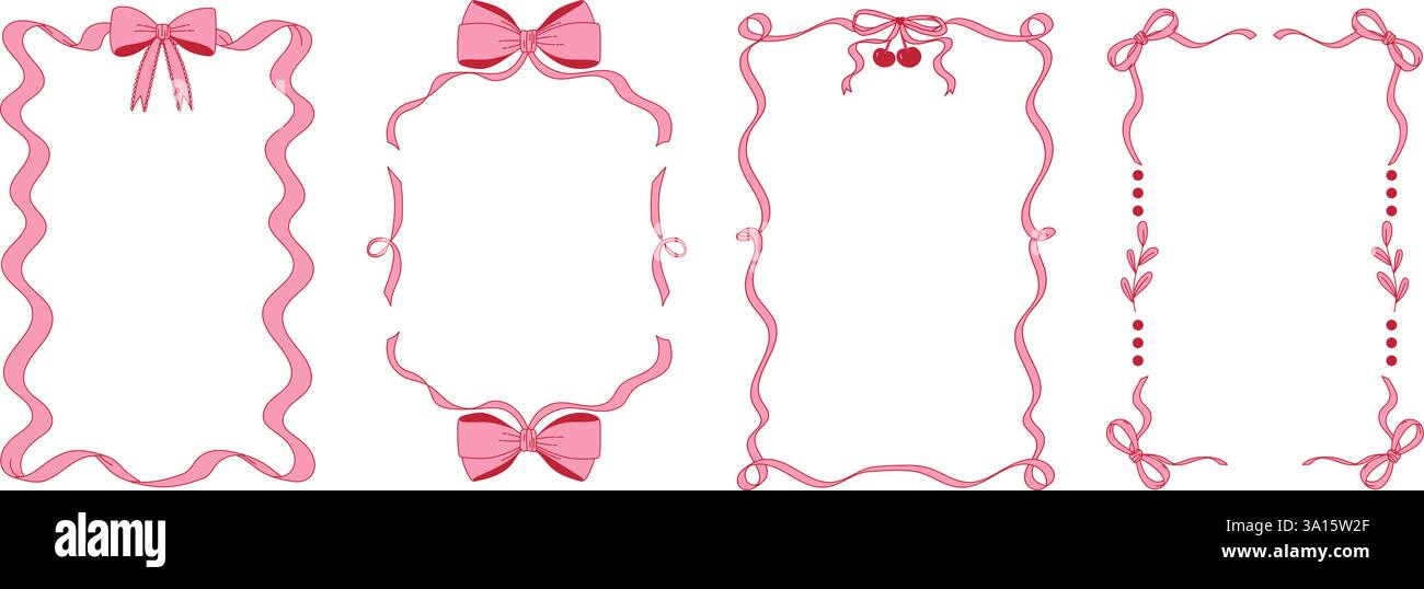 Pink bow ribbon frame set. Hand drawn trendy ribbons borders. Modern ...