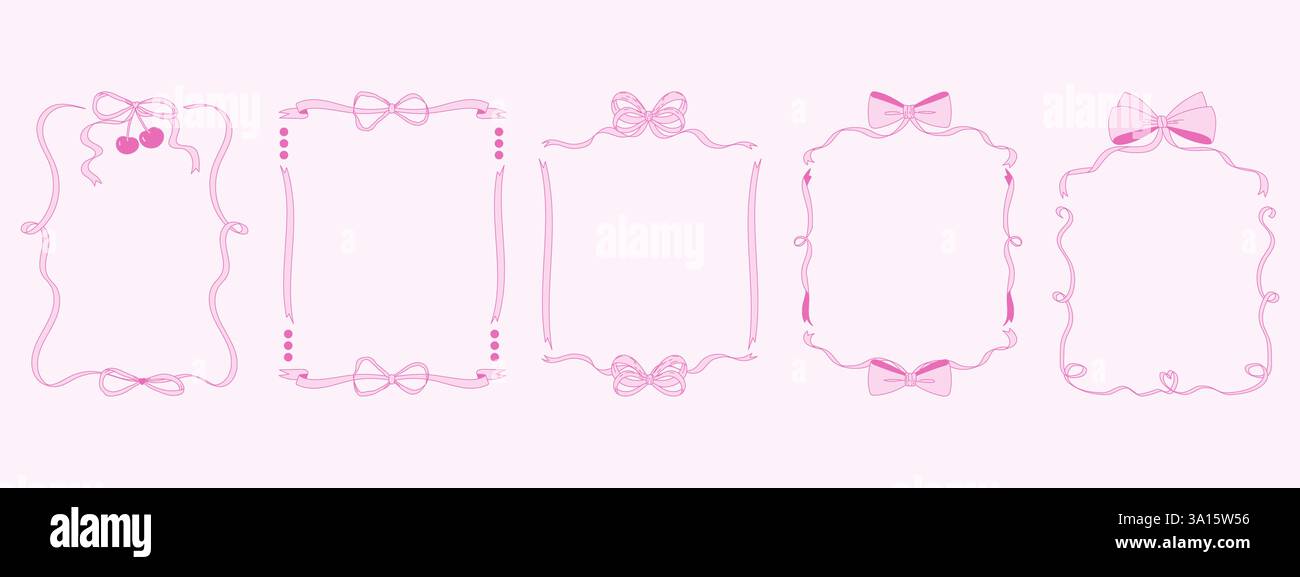 Pink frames with bows. Hand drawn trendy ribbons borders. Coquette ...