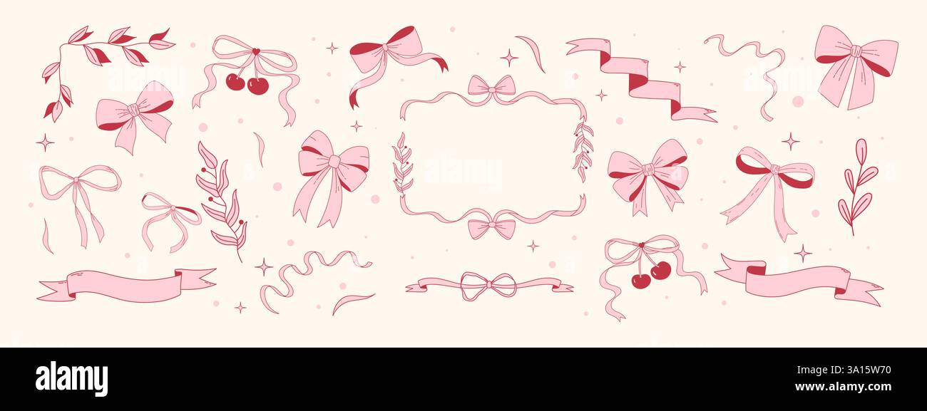 Pink bow ribbon frame, bows, botanical elements and banners. Hand drawn ...