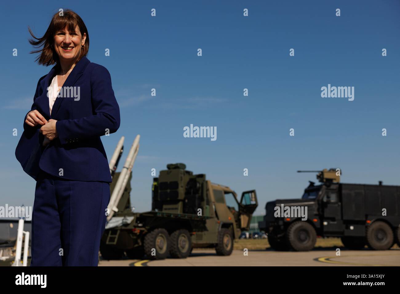 Chancellor of the Exchequer Rachel Reeves stands near an ASRAAM missile ...