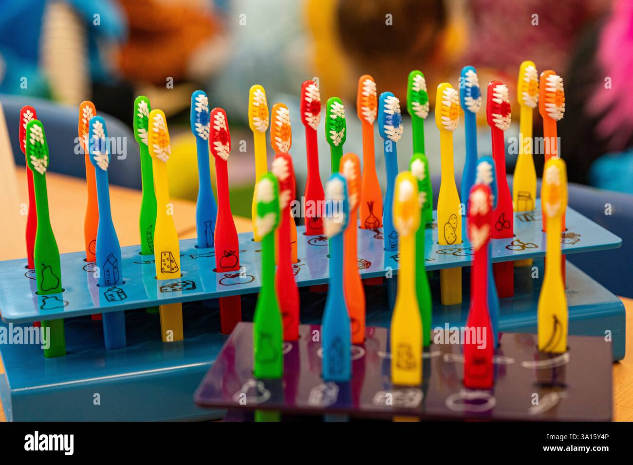 Children's toothbrushes in a stand inside a classroom at Fair Furlong ...
