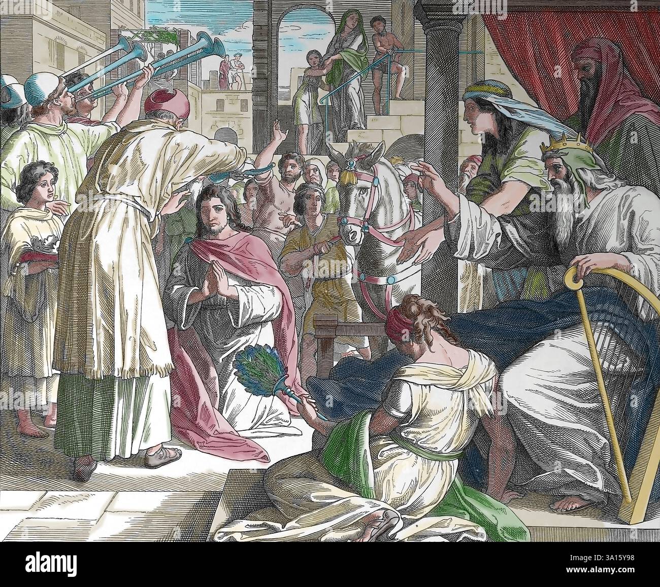 Bible. Salomon is proclaimed king. Illustration by J. Schnorr von ...